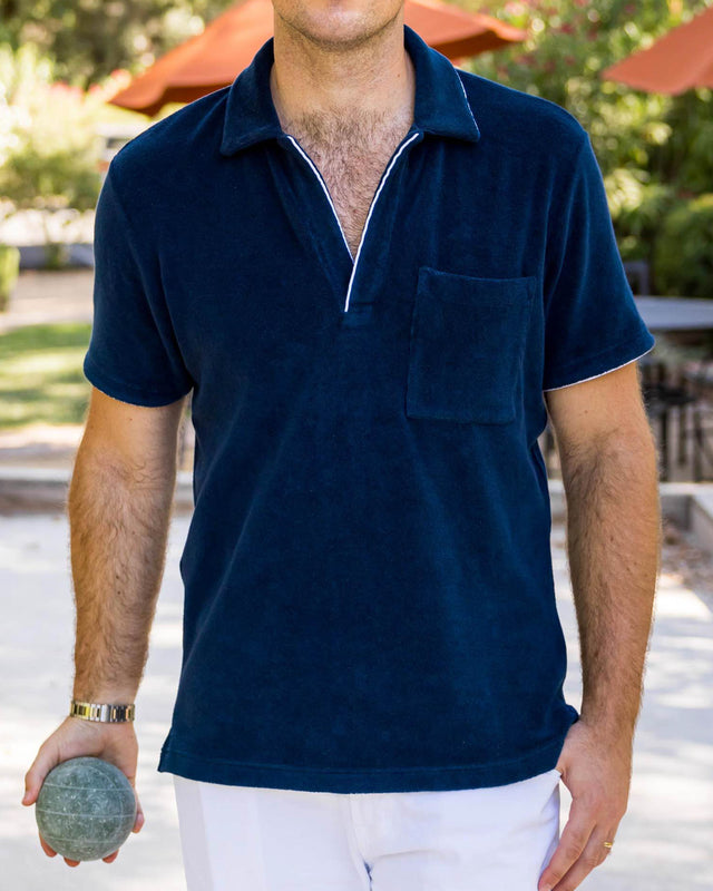 Men's Short Sleeve Piped Navy Terry Polo | The Estatement | Kenny Flowers