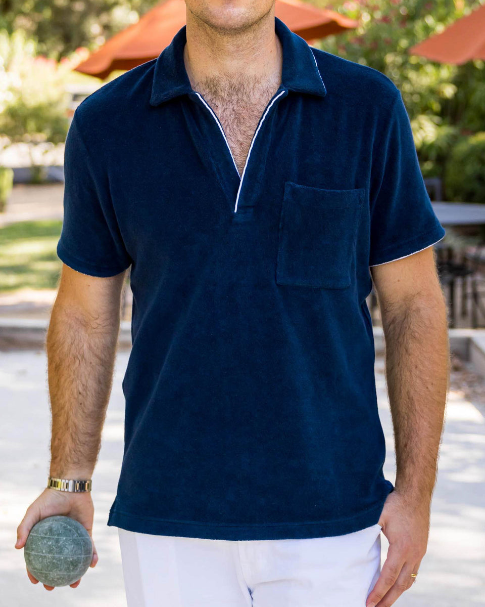Men's Short Sleeve Piped Navy Terry Polo | The Estatement | Kenny Flowers