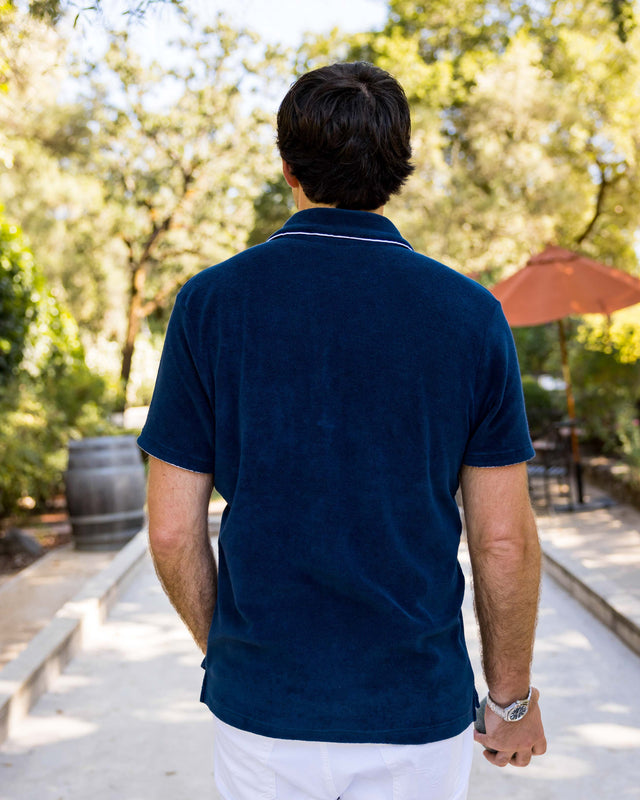 Men's Short Sleeve Piped Navy Terry Polo | The Estatement | Kenny Flowers